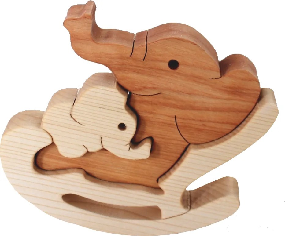 AMADEA Dřevěné puzzle houpací slon, masivní dřevo dvou druhů dřevin, 14x12x3 cm