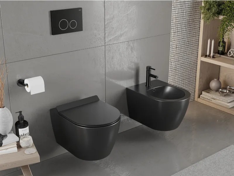 Mexen Carmen závěsné wc Rimless s toaletním Slim sedátkem z duroplastu, černá matná - 30880185