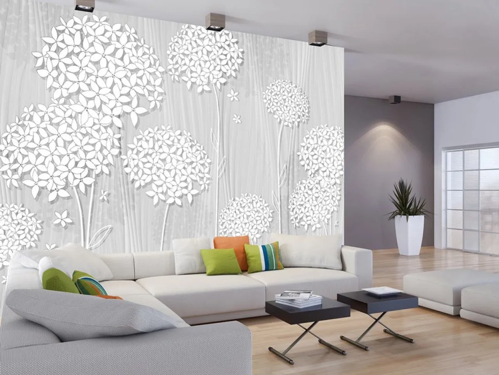 Tapeta Bílé květy na dřevě (150x105 cm) - Murando DeLuxe