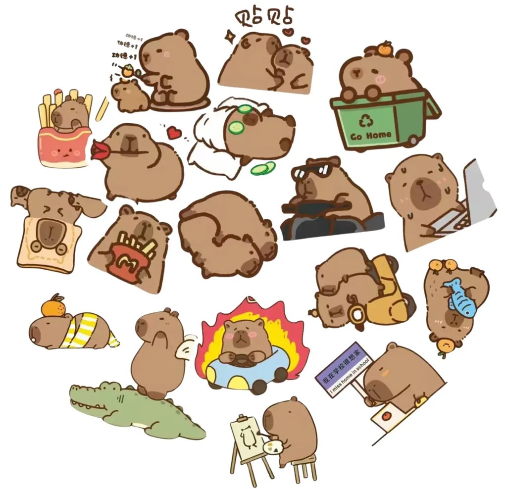 Camerazar Barevné kreslené nálepky Capybara 70 ks pro děti DIY kreativní aktivity