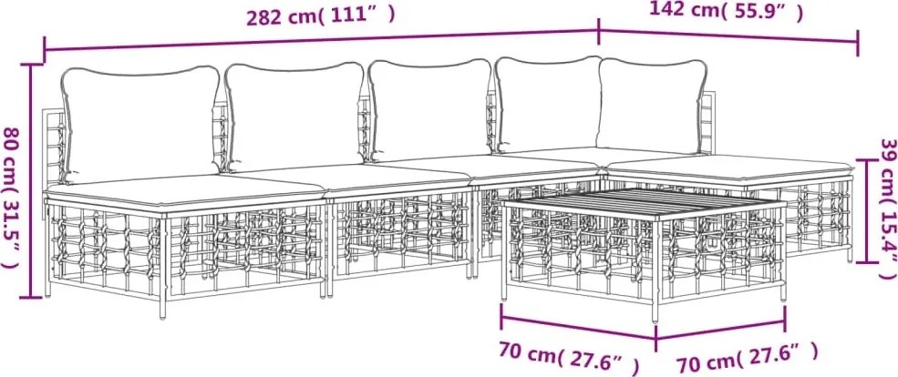 vidaXL 6dílná zahradní sedací souprava s poduškami antracit polyratan [3186736] Barva polštáře: Tmavě šedá