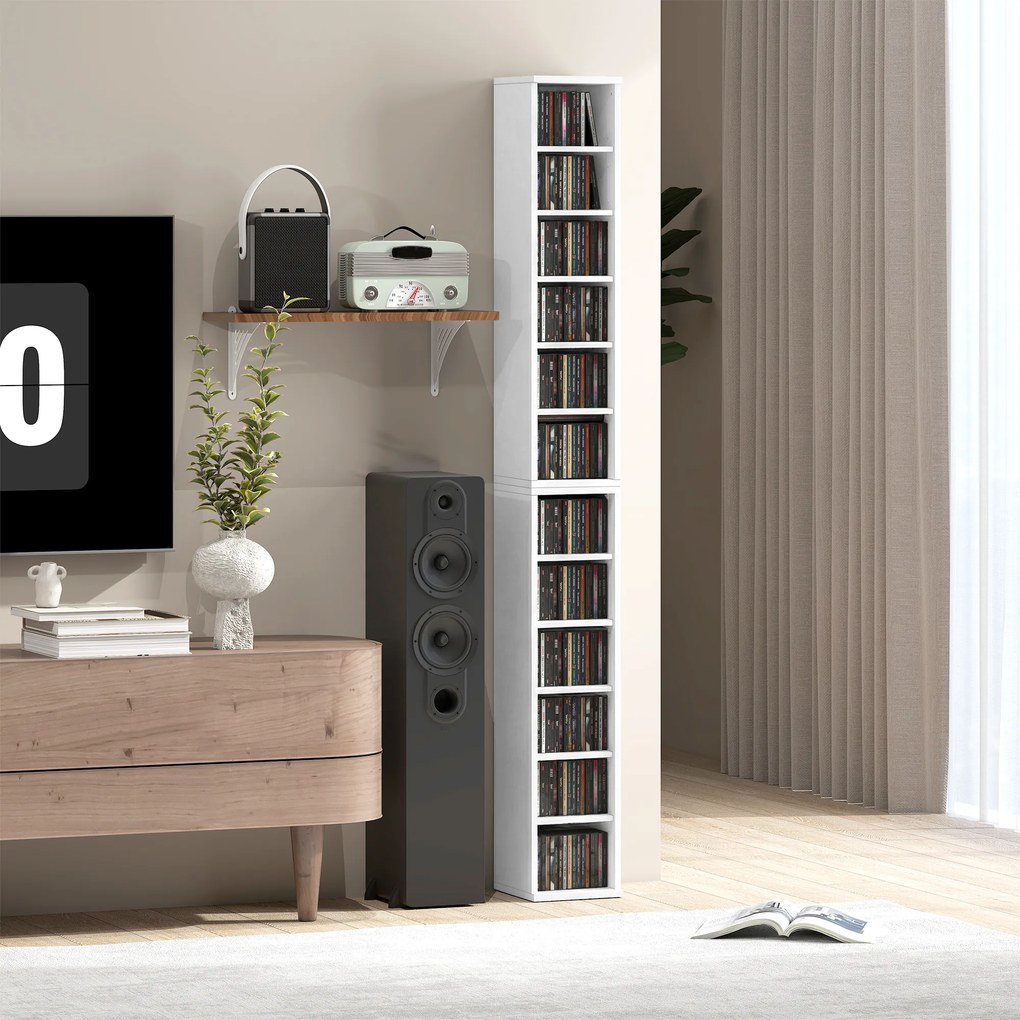 HOMCOM 204 CD úložné regály v sadě 2 kusů, Blu-Ray věžový stojan s nastavitelnými policemi, organizér knihovny, bílá