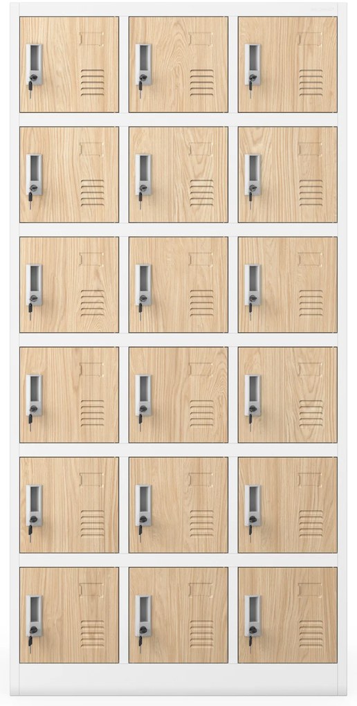 Skříňka pro zaměstnance s 18 uzamykatelnými boxy, bílá / dub sonoma, 900x1850x400 mm: KAROL Eco Design