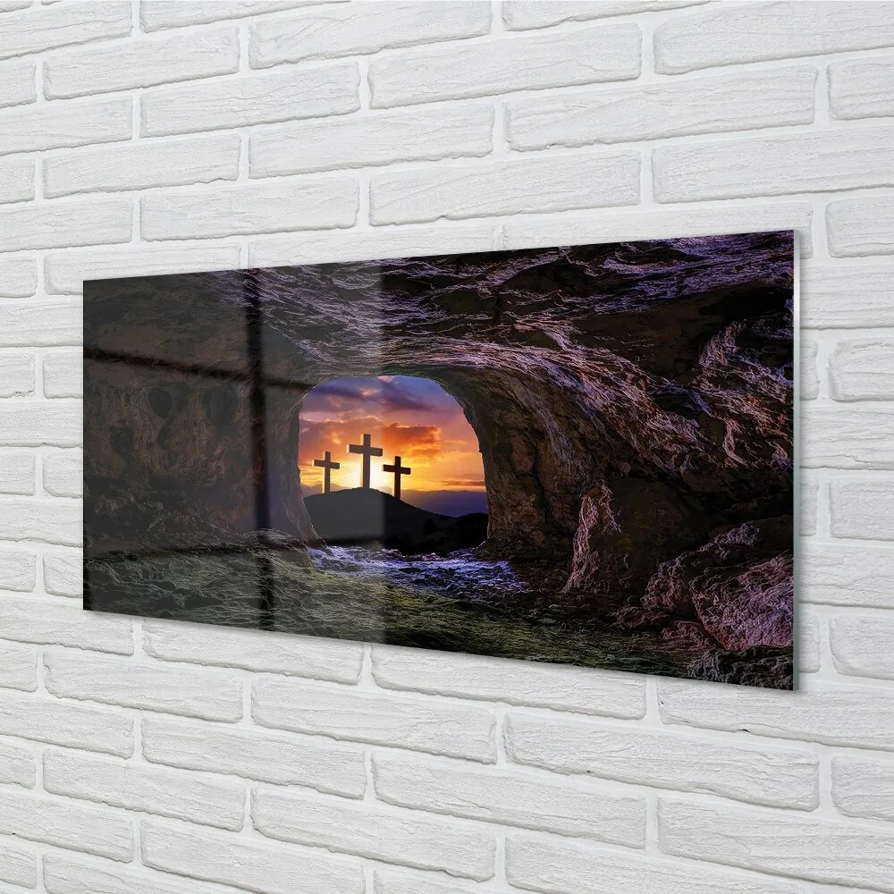 Obraz na skle kříže při západu slunce 100x50 cm