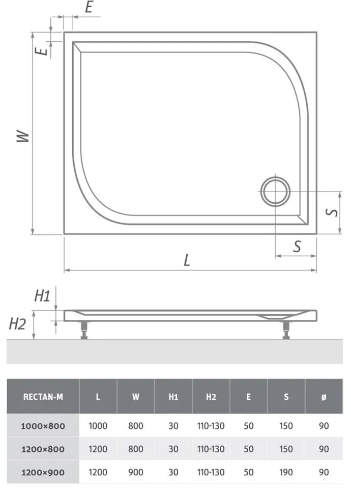 Roth Obdélníková sprchová vanička z litého mramoru RECTAN-M Varianta: rozměry: 120x90 cm - (RECTAN-M 1200x900 - 8000168)