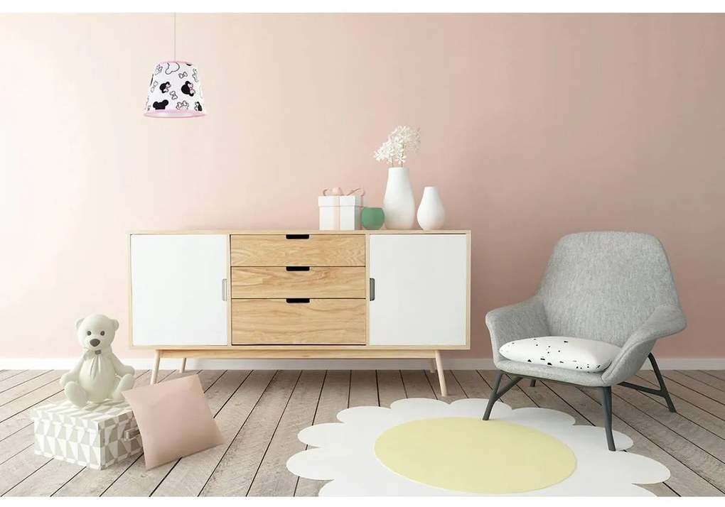Dětské závěsné svítidlo Minnie, 1x textilní stínítko se vzorem, s