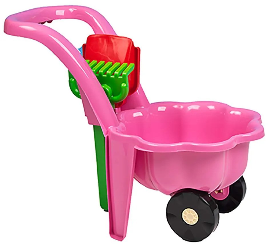 Dětské zahradní kolečko s lopatkou a hráběmi BAYO Sedmikráska růžové Barva: Růžová