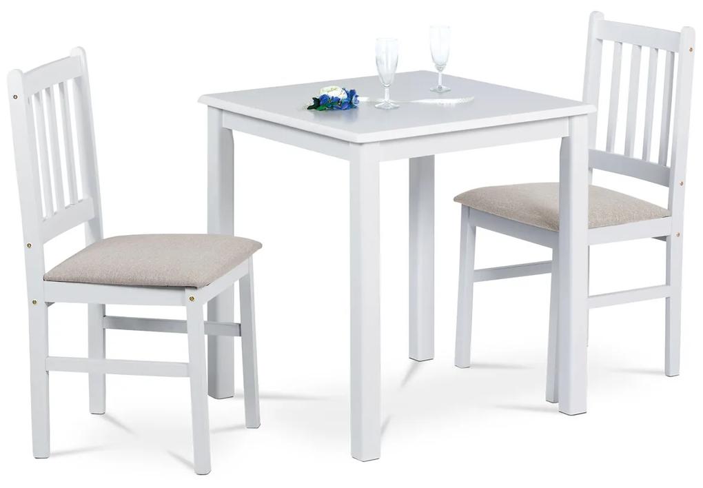 AUTRONIC Jídelní set 1+2, stůl 69 x 69 x75 cm, masiv kaučukovník, bílý mat, šedé látkové sedáky