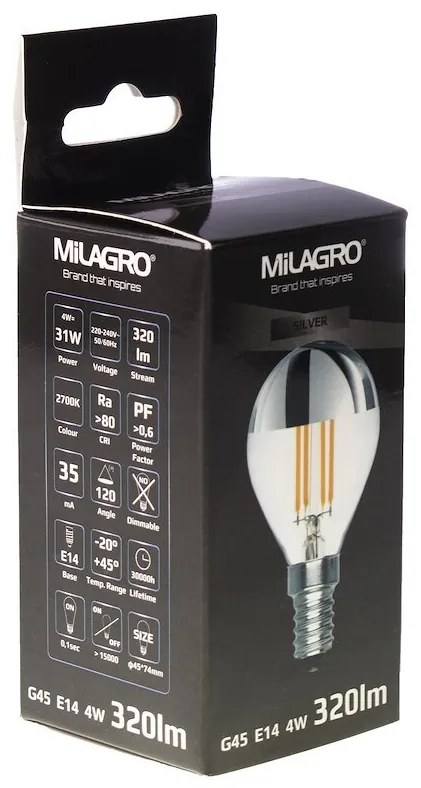Dekorační LED žárovka se zrcadlovým vrchlíkem E14 teplá 2700k 4w 320 lm chromová