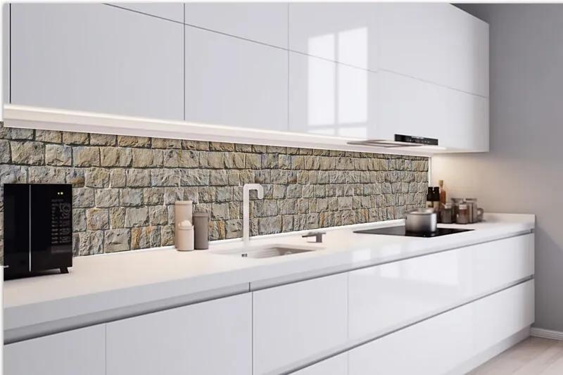 DIMEX | Fototapeta do kuchyně Zeď z kamenných bloků KI-420-251 | 420 x 60 cm | hnědá, šedá, béžová