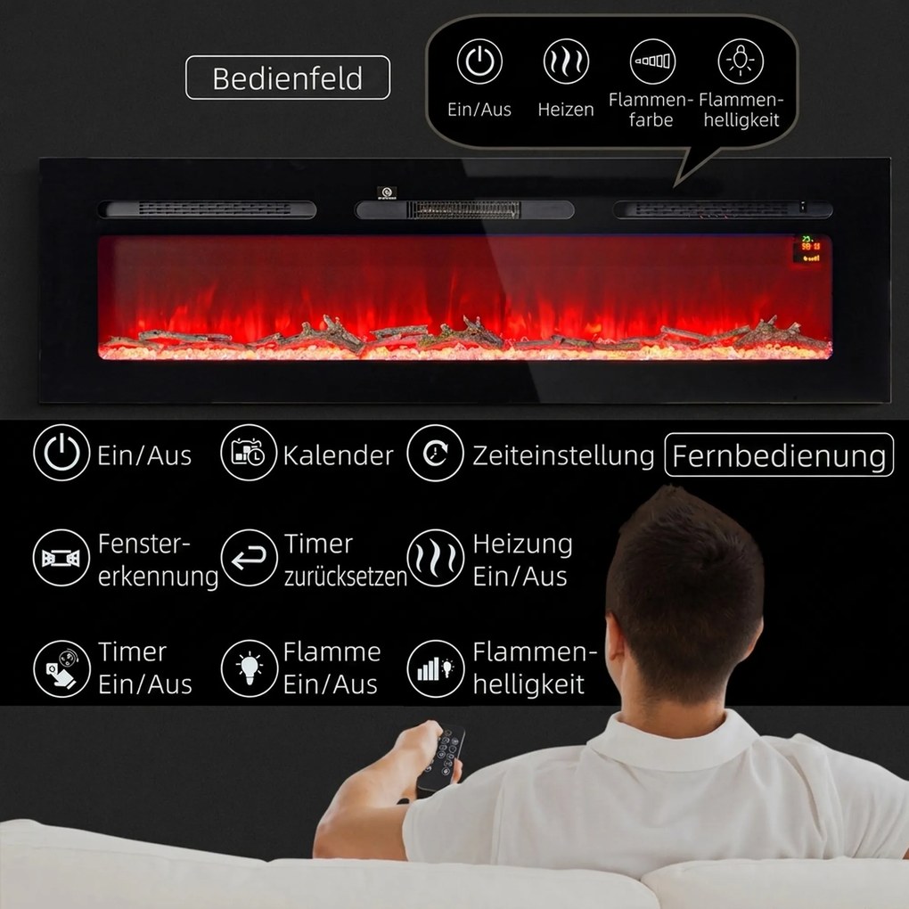 HOMCOM Elektrický krb s nástěnným držákem a dálkovým ovládáním, umělé polena a krystaly, výkon 1800W, černá 820-422V93BK