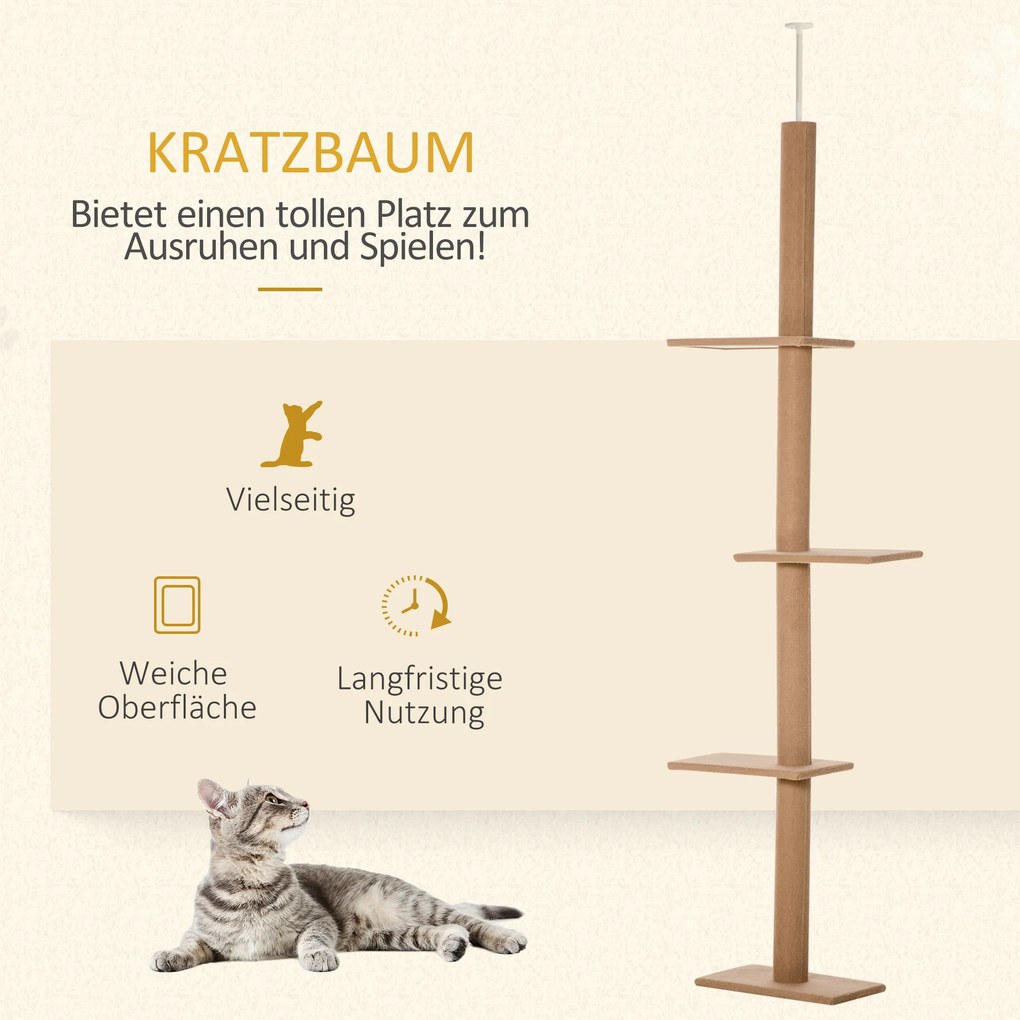 PawHut Výškově nastavitelné škrabadlo Šplhací strom pro kočky Strom na hraní Světle hnědý 43x27x228-260cm pro aktivní hraní a odpočinek