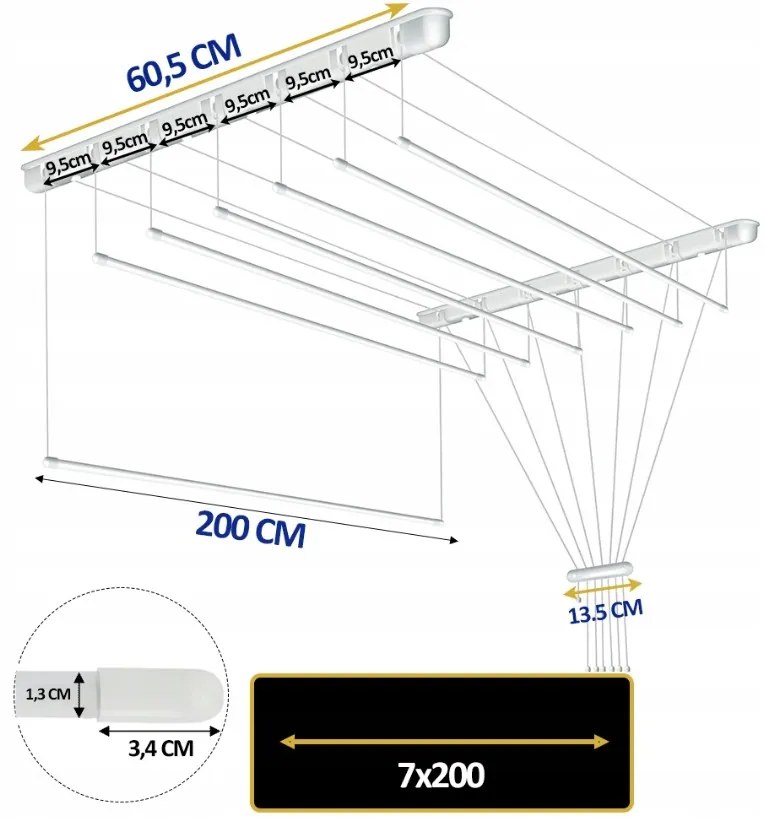 Erga Erga, stropní věšák na sušení prádla 7x200 cm, bílé, ERG-SEP-10SUSSUF2007P