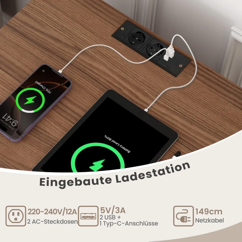 Costway Stolek na gramofon s nabíjením a přihrádkami, hnědý