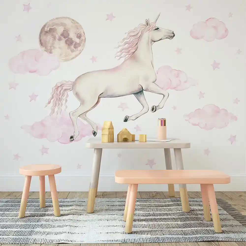 Gario Dětská nálepka na zeď Pastelový jednorožec, obláčky, měsíc a  hvězdičky Barva: Růžová | BIANO