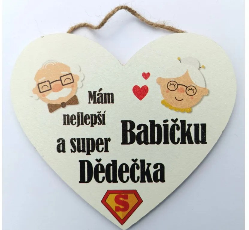 Bondecor Dřevěná dekorace srdce "Mám nejlepší babičku a super dědečka" 15x17cm Jazyk: CZ