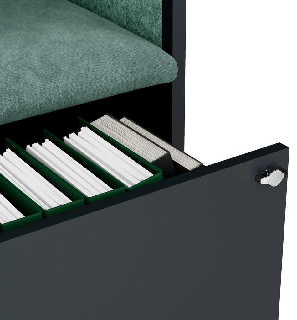 Kancelářská akustická kabina se sedátkem a USB-C portem, korpus antracitový / sedák zelený, 1150 mm: SALLY MentalBox
