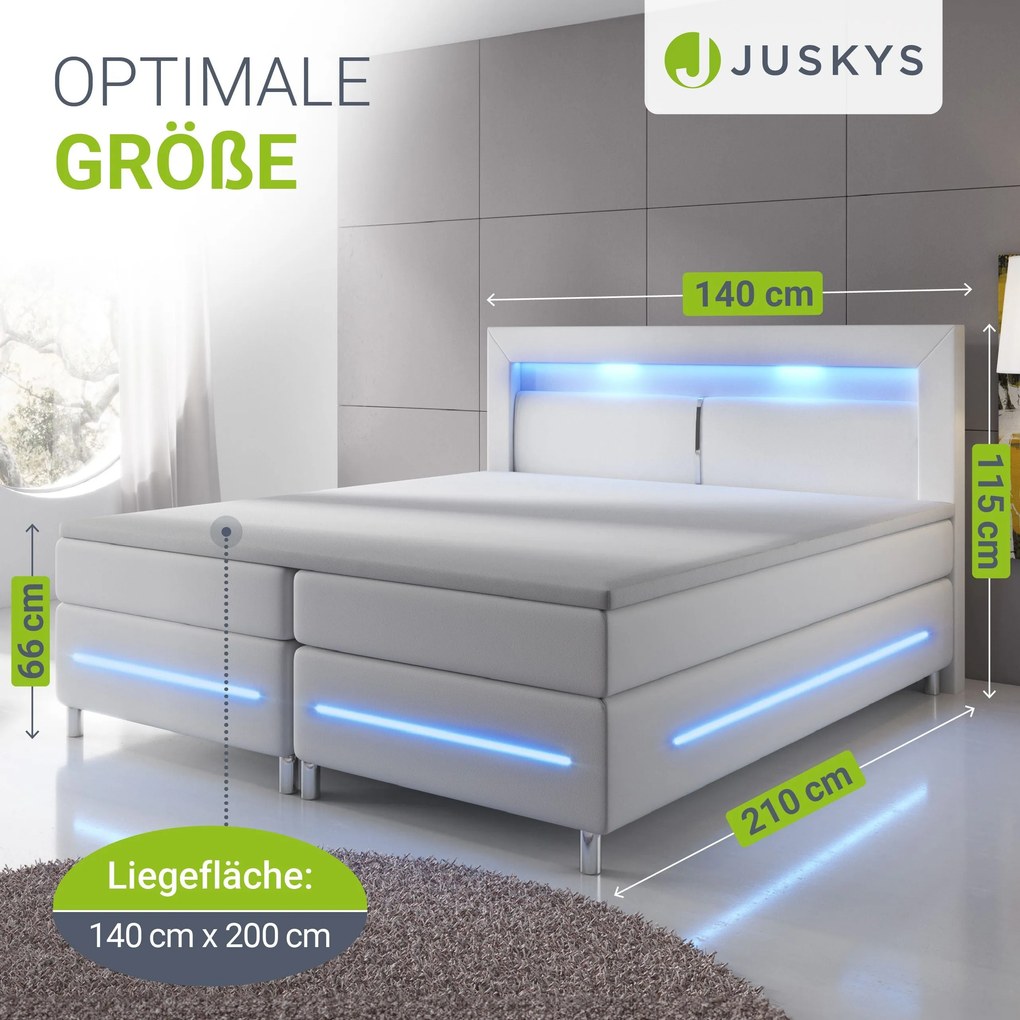 Juskys Postel boxspring Norfolk s potahem z umělé kůže Barva: Bílá, Velikost: 200 × 200 cm