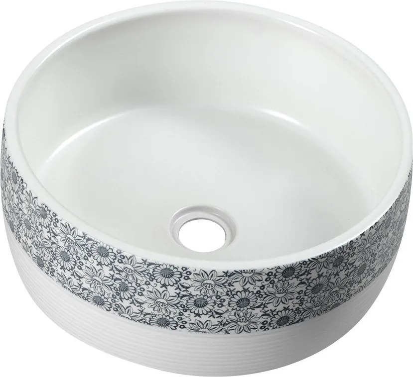Sapho Sapho, PRIORI keramické umyvadlo, průměr 41 cm, 15 cm, barva bílá s modrou malbou, PI027