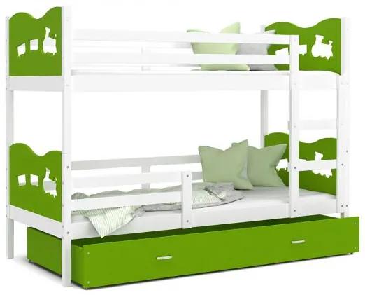 Dětská patrová postel MAX 200x90 cm s bílou konstrukcí v zelené barvě s VLÁČKEM