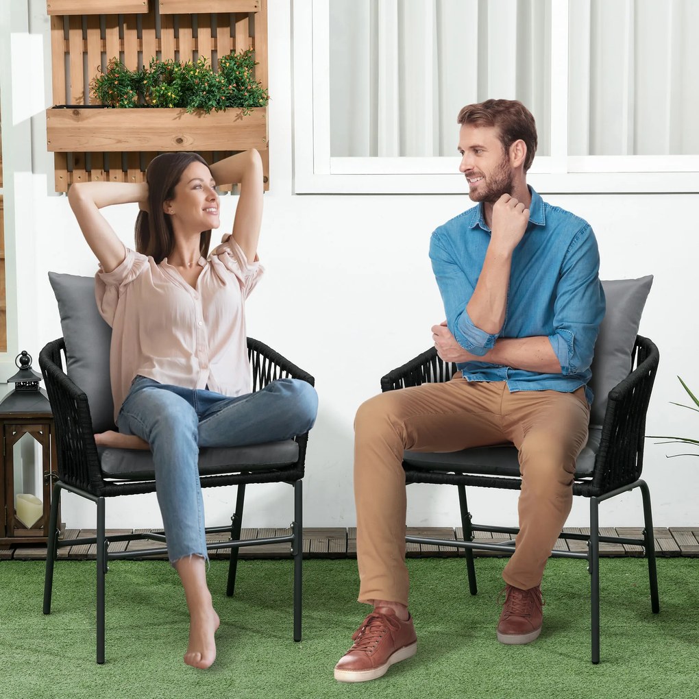 Sada 2 zahradních židlí Outsunny s polštáři, nosnost až 120 kg, zakřivený sedák ve stylu boho, kovový rám 57 x 60 x 71 cm, černá