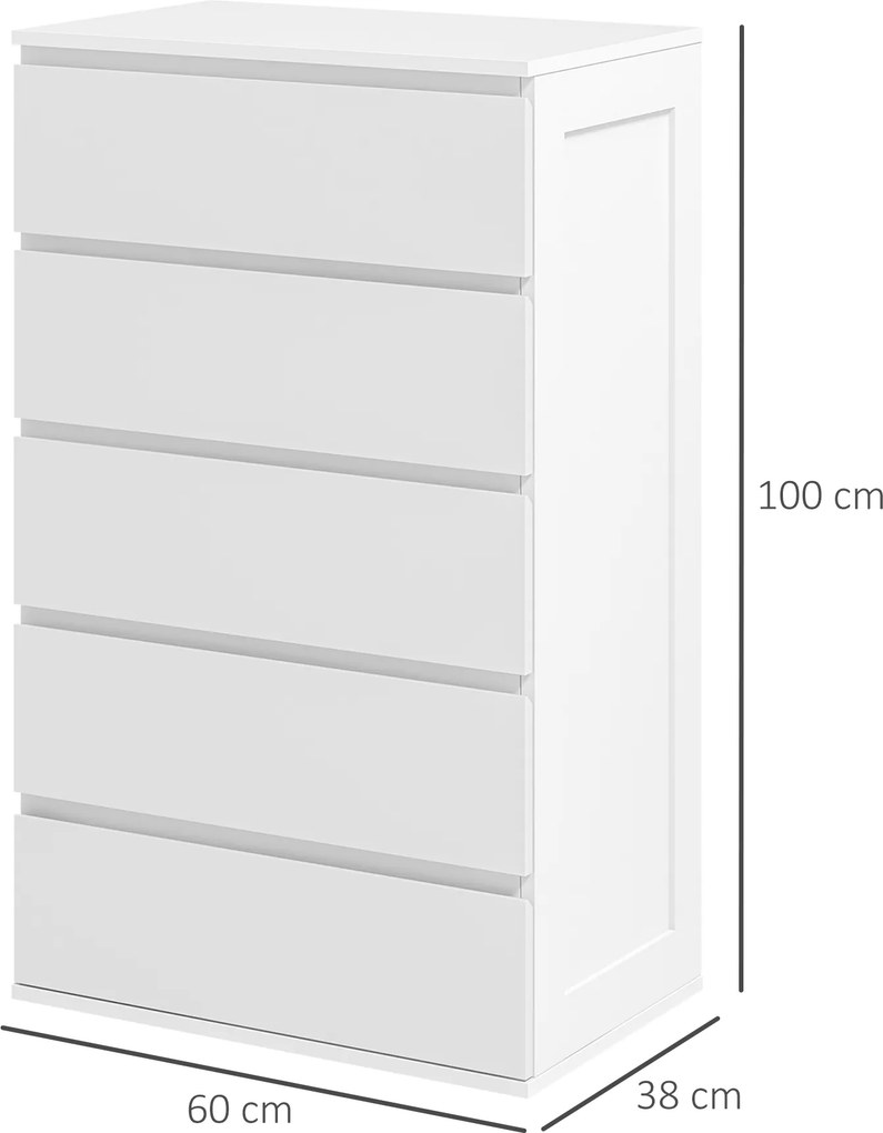 HOMCOM Komoda s 5 šuplíky - Moderní Stylový Úložný Prvek s Hladkým Uzavíracím Mechanismem pro Ložnici, Obývací Pokoj - 60 x 38 x 100 cm, Bílá