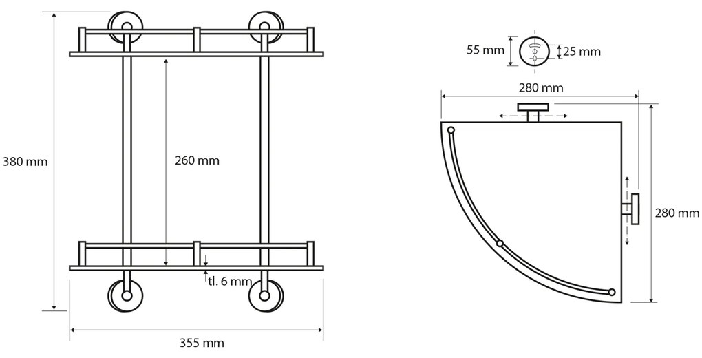 Sapho, X-ROUND E polička sklo roh dvojitá s hrazdou 270x390x270mm, chrom, XR604