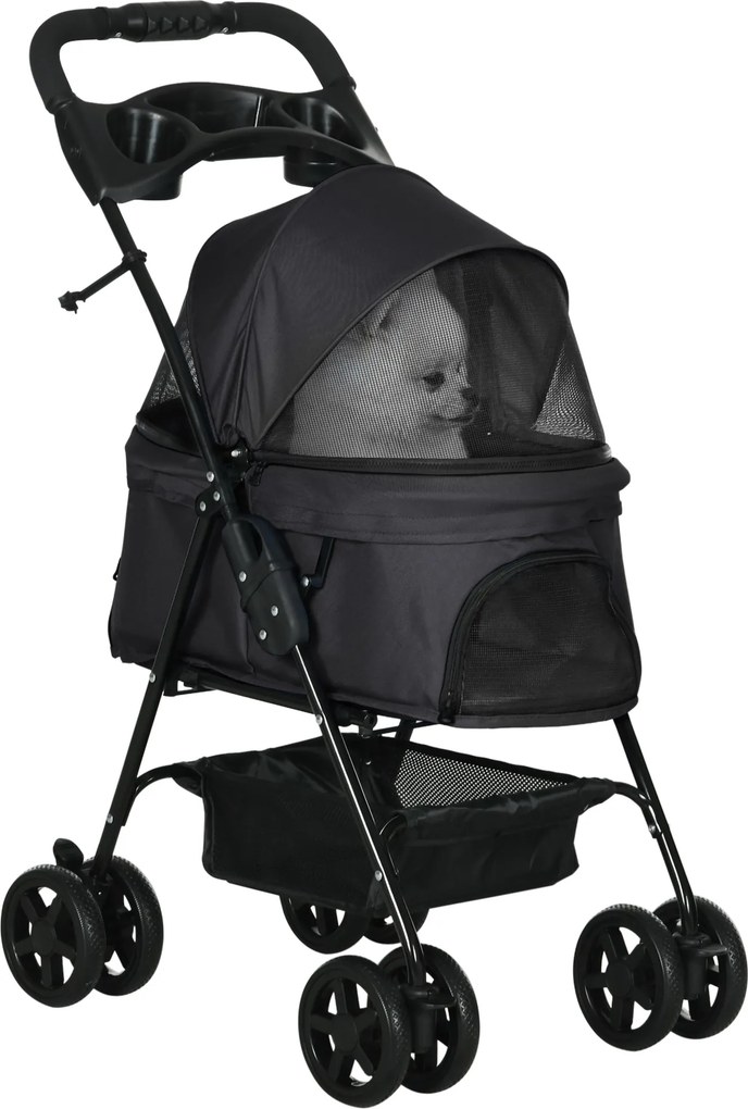 Skládatelný kočárek PawHut pro malé psy s univerzálními koly, úložným košíkem, bezpečnostními pásy a oknem, nosnost 15 kg, 67x45x96 cm, černý | Aosom