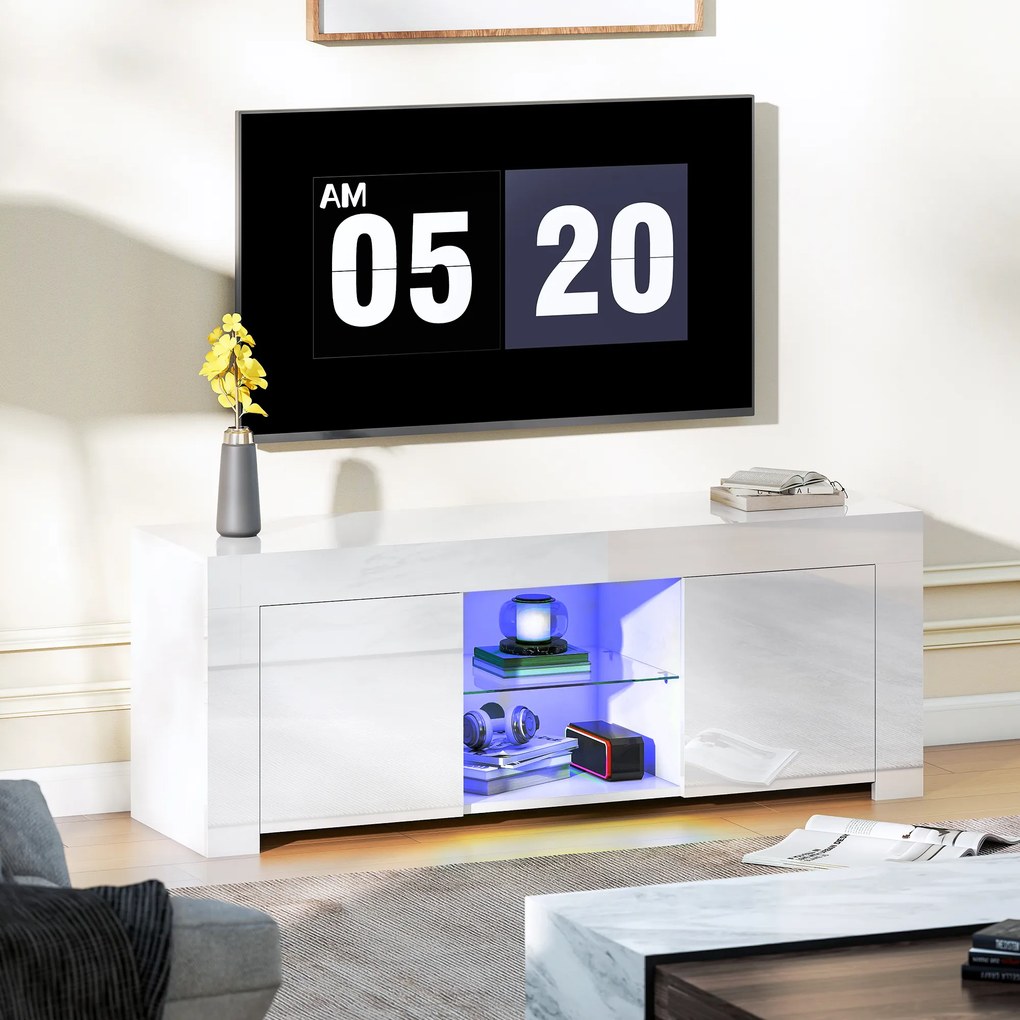 HOMCOM TV skříňka s LED osvětlením, 2 dveře skříně, skleněná police, otvory pro kabely, do obývacího pokoje, dřevotříska, bílá