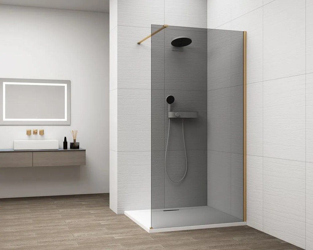 Polysan Esca Gold Matt jednodílná sprchová zástěna 100 x 210 cm k instalaci ke stěně zlatá sklo kouřové ES1210-04