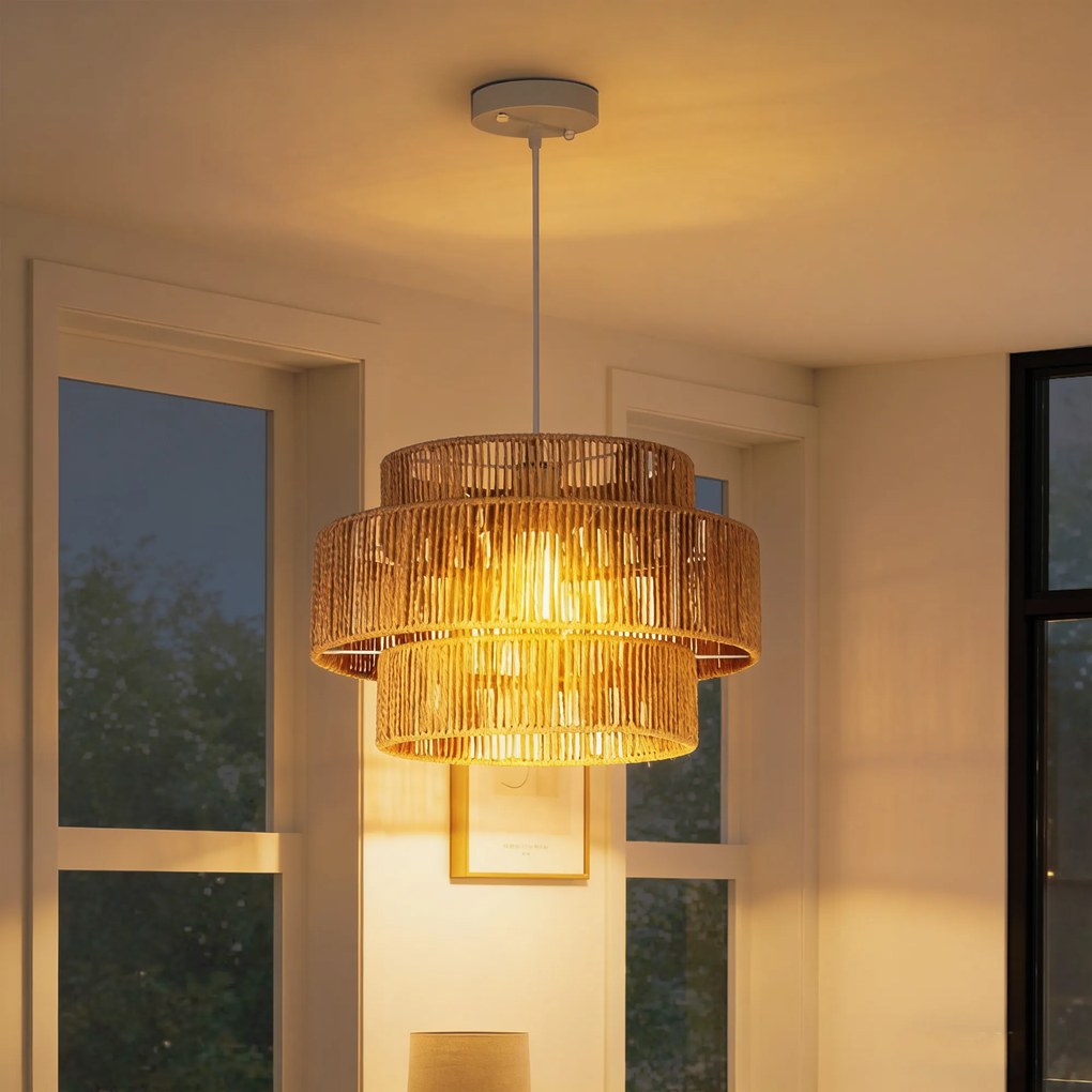HOMCOM Závěsná lampa, 3stupňové stínidlo, kov, konopné lano, světle hnědá B31-521V00LR