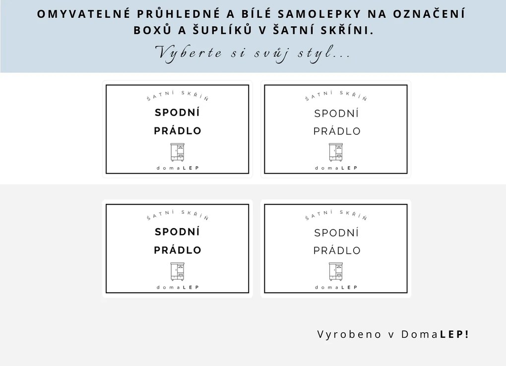 SPODNÍ PRÁDLO - Samolepka na šuplíky a boxy do šatní skříně, 8,5 x 5,5 cm - DomaLEP varianta: SAMOLEPKA, barva: BÍLÁ - ČERNÉ písmo, velikost: š. 8,5 cm x v. 5,5 cm - základní písmo