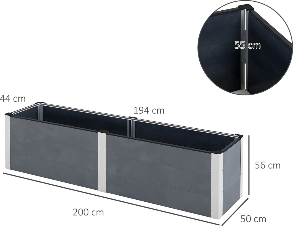 Vyvýšený záhon Outsunny s otevřeným dnem, šedý květinový a sadbovačový truhlík, záhon na zeleninu a bylinky 200x50x56 cm pro zahradu a balkon |
