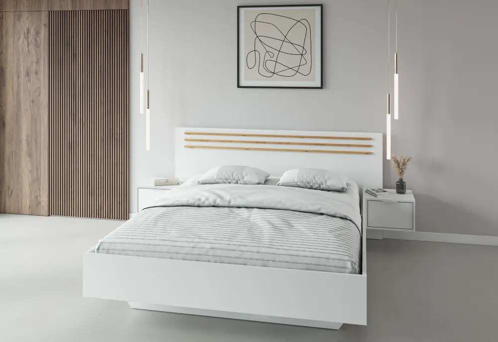 Postel + 2x noční stolek, bílá/dub artisan, 160x200, FLORENS