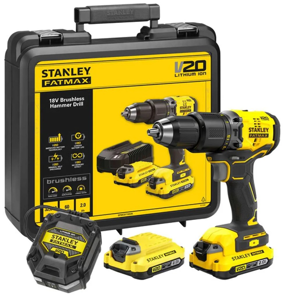 Stanley - 18V AKU vrtačka s příklepem, 2x aku 2,0 Ah Li-Ion, nabíječka SFMCD715D2K-QW