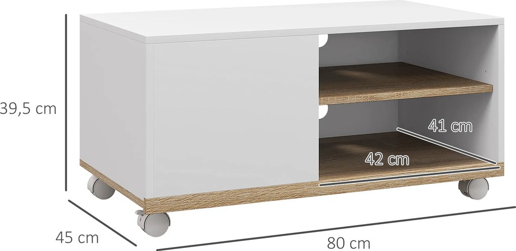 HOMCOM Moderní TV Stánek na Kolečkách pro Televize do 42 Palců - TV Stánek do Obývacího Pokoje s 1 Dvéřmi a 2 Úložnými Policemi 80x45x39,5 cm Bílý