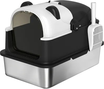 PawHut velká uzavřená XL kočičí toaleta z nerezové oceli s sklápěcím víkem, lopatkou, vůní do pytlíku, design Panda, černá