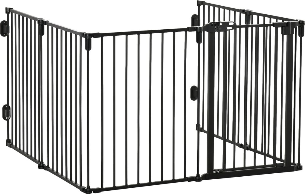PawHut Bezpečnostní Bariera na Krb Modrý Ochranný Oplocení pro Domácí Zvířata Modulární Skládací 6 Panelů s Dveřmi Bez Vrtání 362,5 x 76 cm Černá