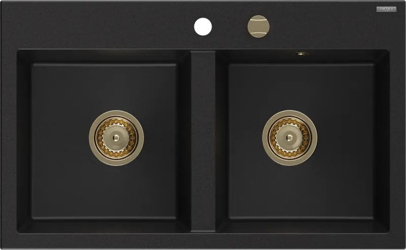 Mexen Hektor, 2-komorový granitový dřez 800x480x205 mm, černá, zlatý sifon,- 6521802000-77-G
