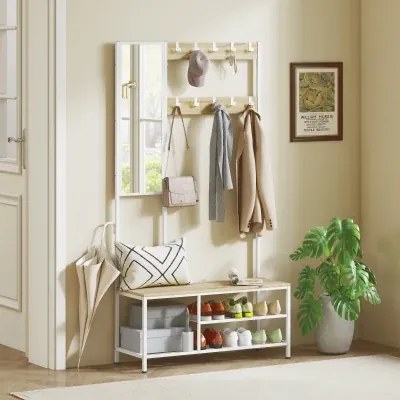 HOMCOM Stojan na oděvy s regálem na boty a zrcadlem, 3 police, sedací lavice, 10 nastavitelných háčků, moderní styl do předsíně, 98x34x186 cm, přírod…