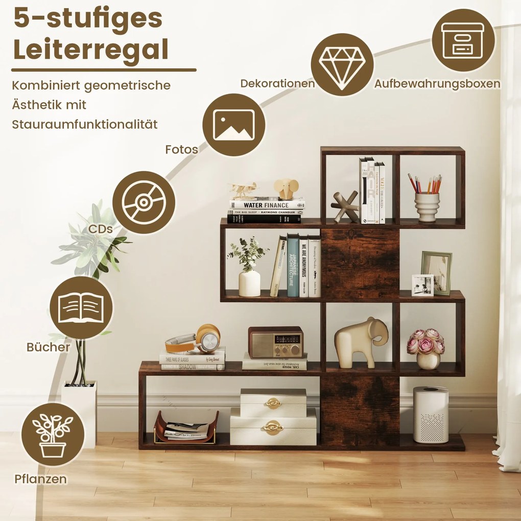 Costway Moderní 5 Dřevěná přepážka na knihy ve stylu žebříku