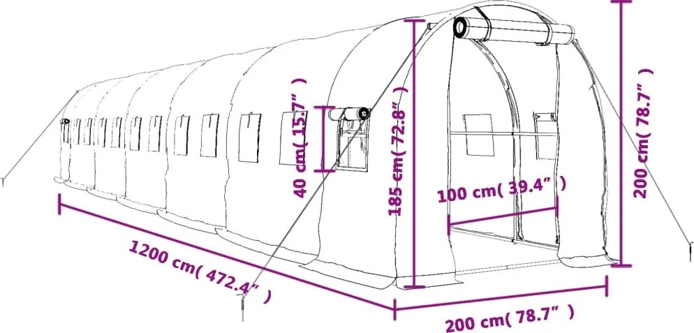 vidaXL Skleník s ocelovým rámem 24 m² 12 x 2 x 2 m [3188021] Barva: Zelená