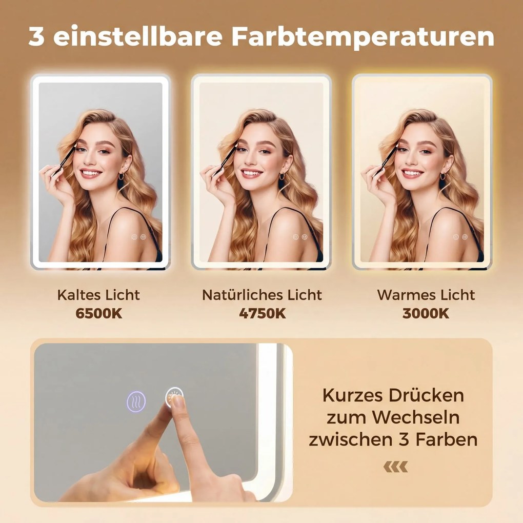 Costway Koupelnové zrcadlo s LED osvětlením a nástěnné zrcadlo – 70 × 50 × 3 cm