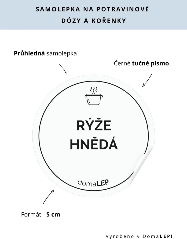 RÝŽE HNĚDÁ – průhledná samolepka na dózu, tučnépísmo, 5 cm | DomaLEP
