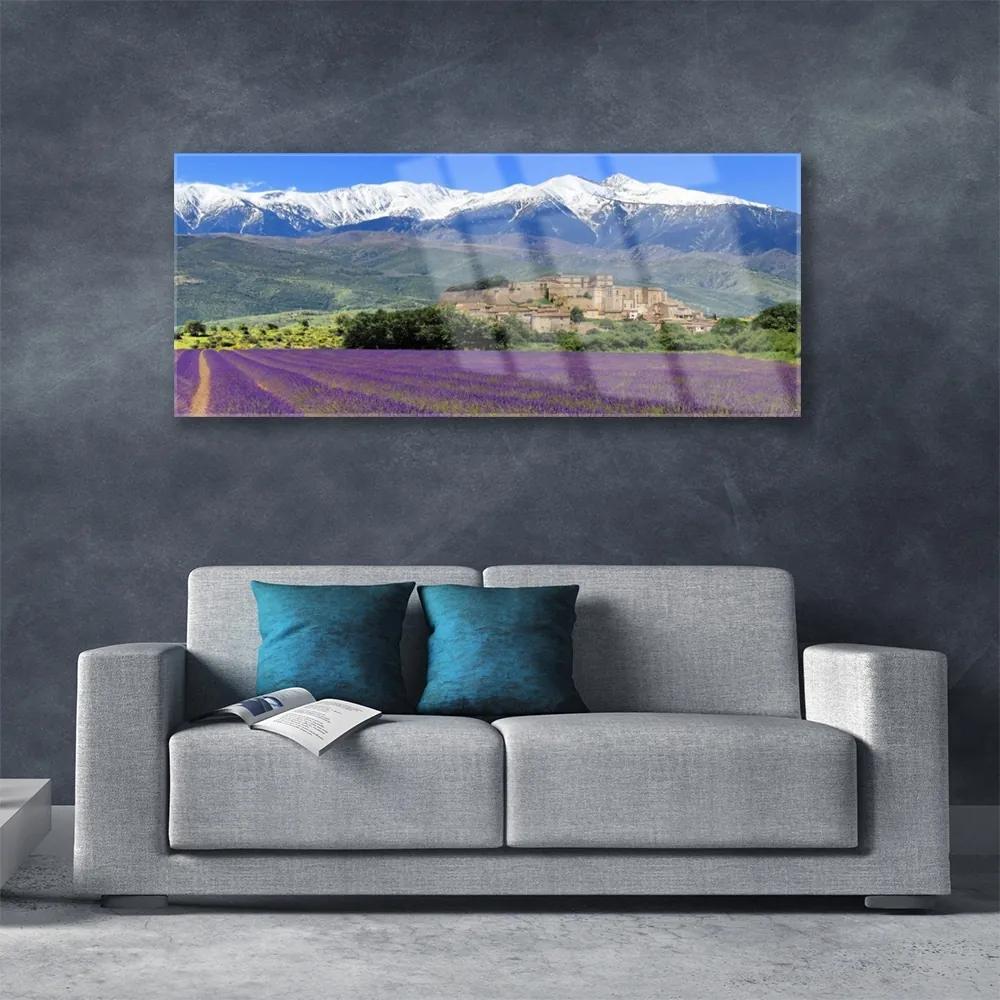 akrylový obraz Louka Květiny Hory Krajina 125x50 cm