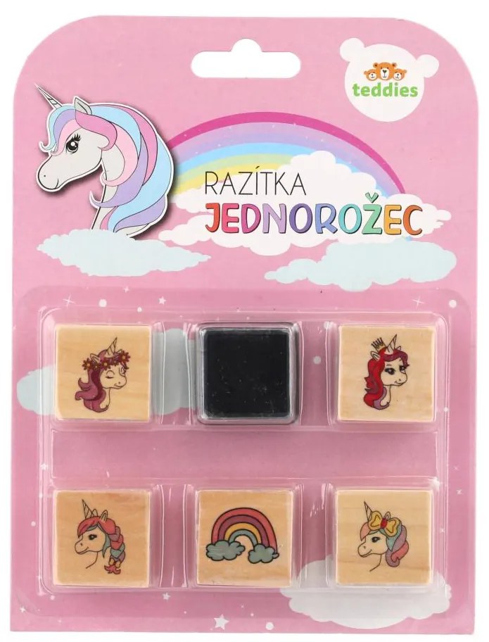 Teddies Razítka dřevěná 5+1 s poduškou jednorožci 3x3cm na kartě