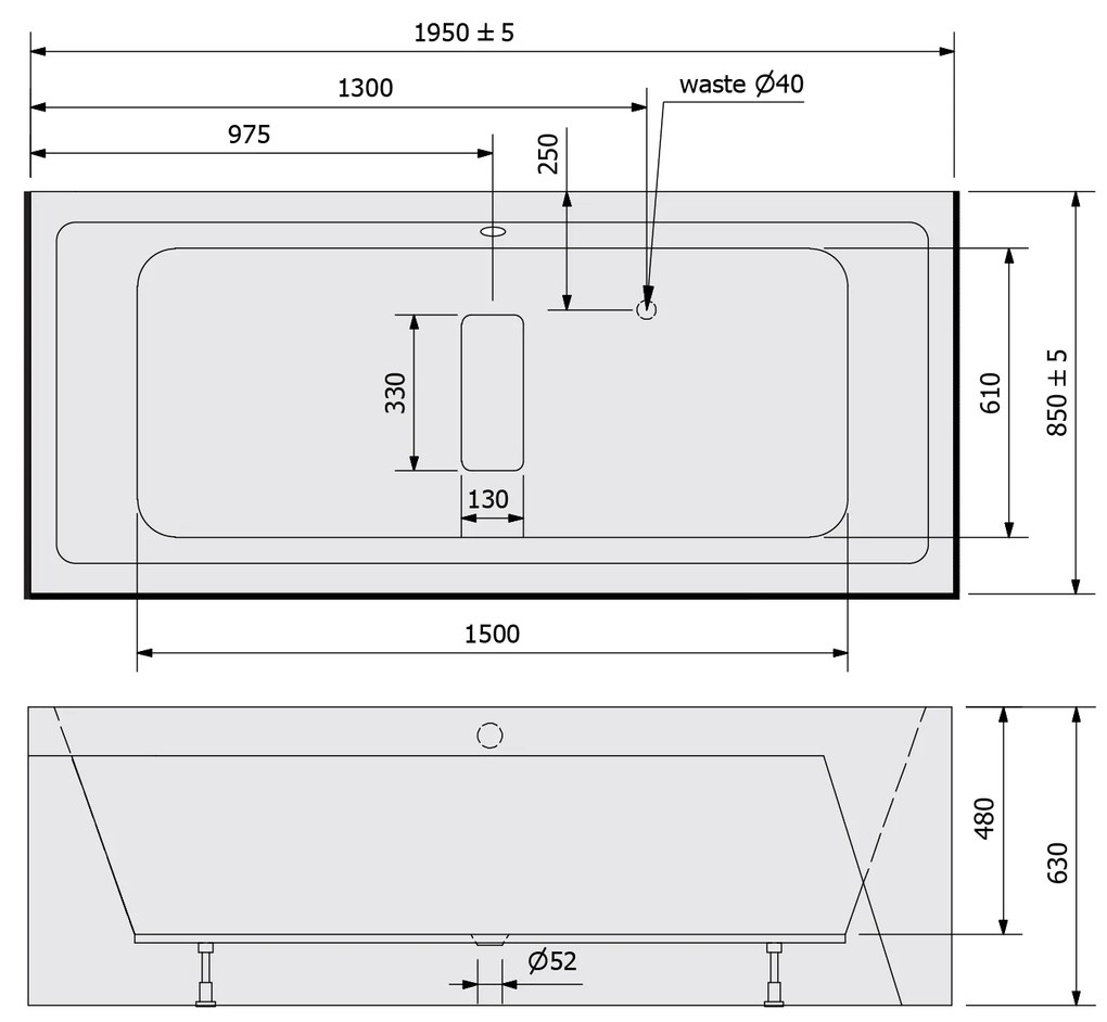 Polysan MARLENE D MONOLITH obdélníková vana 195x85x63cm, bílá, 78731MD