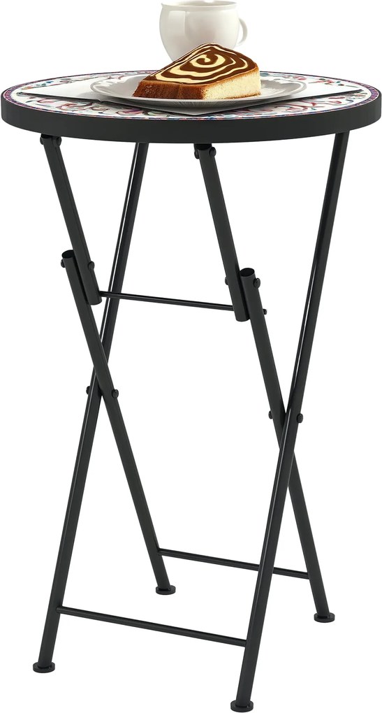 Skládací boční stůl Outsunny s mozaikovým designem, Ø35,5 x 55 cm kulatý voděodolný kovový balkonový stůl, campingový skládací stůl, konferenční stůl
