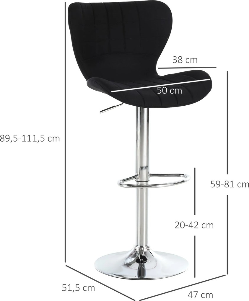 HOMCOM Sada 2 moderních barových židlí s nastavitelnou výškou sedáku 59-81 cm, 360° otáčení, lněné, černé