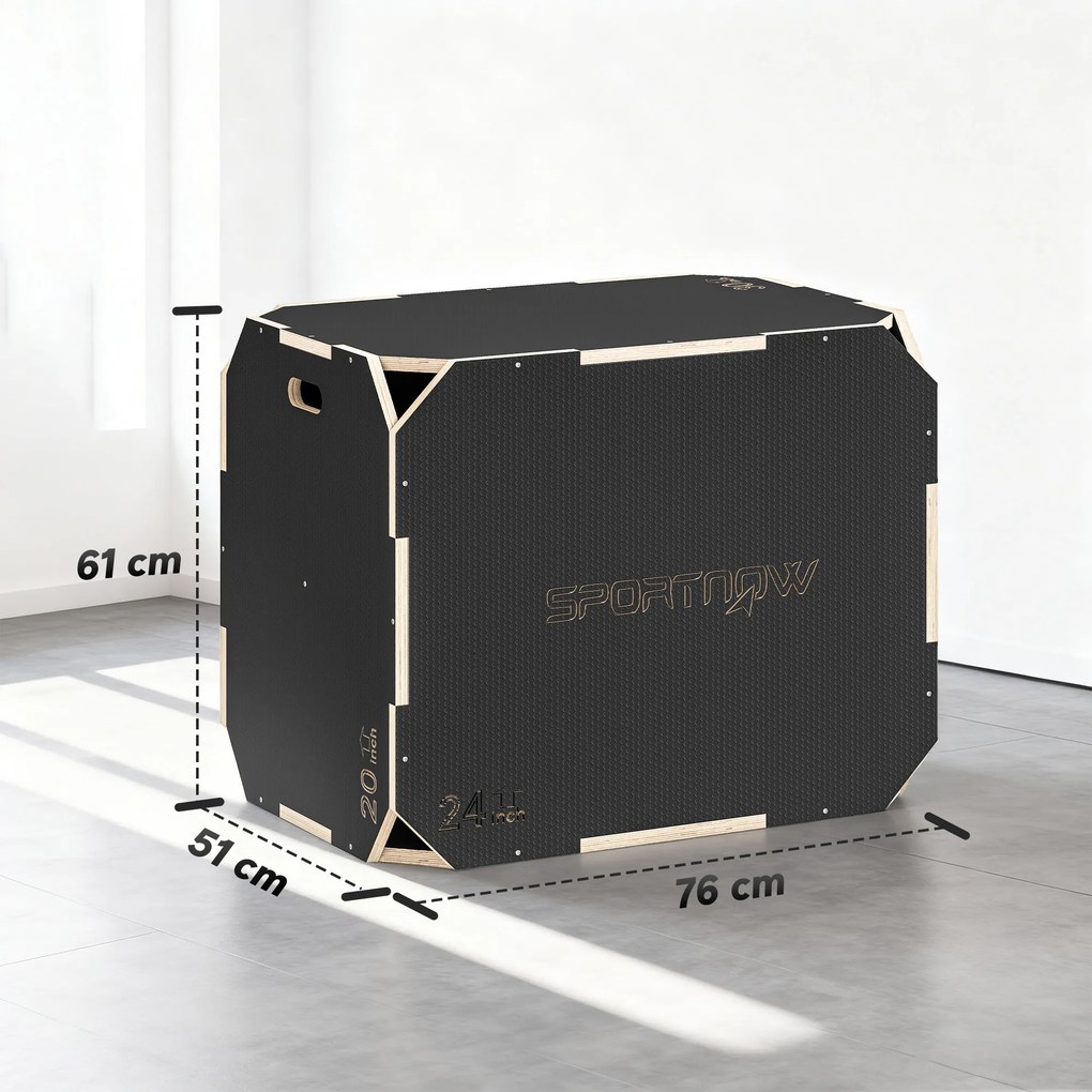 SPORTNOW plyo box 3 v 1, skákací box s otvory pro rukojeti, pro domácí fitness a venkovní trénink, 3 výšky skoku, dřevo, černá barva